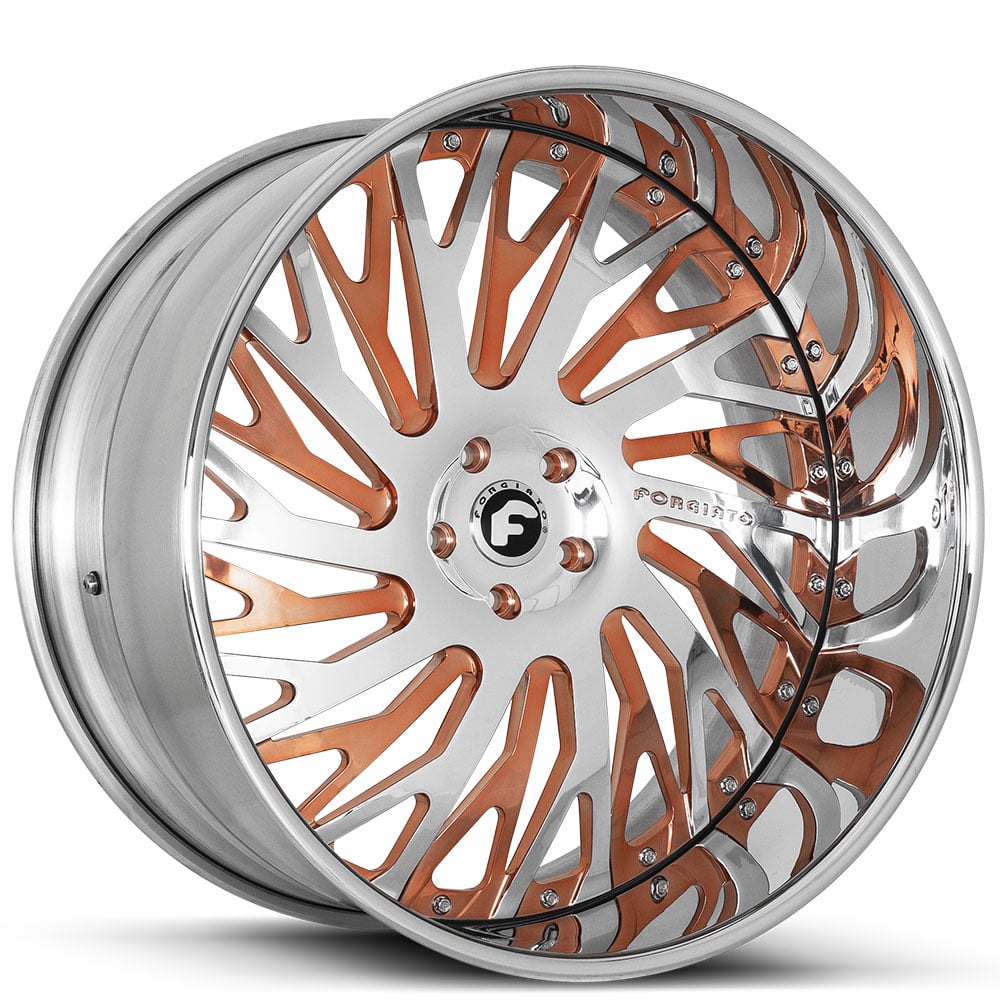 22" Staggered Forgiato Wheels Biaforca Brushed Silver Face with Rose G ...