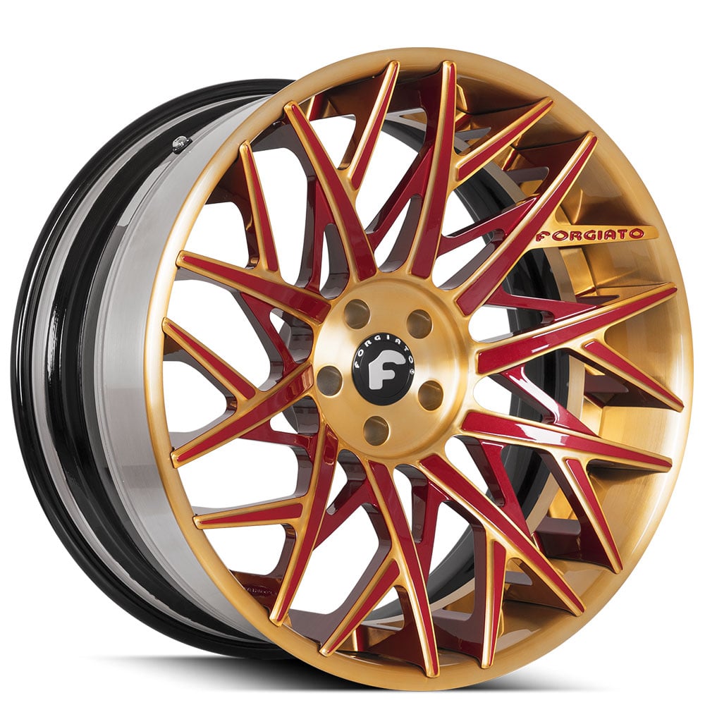 22" Staggered Forgiato Wheels Blocco-ECL Brushed Gold with Red Accents ...